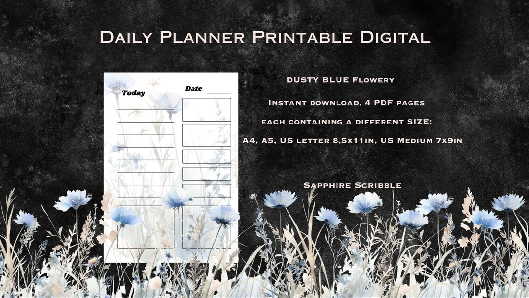 Dusty Blue Daily Planner Printable Digital 4 PDF Files, 1 Page in 4 ...