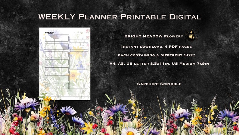 Bright Meadow Weekly Planner Printable Digital 4 PDF File 1 Page in 4 ...