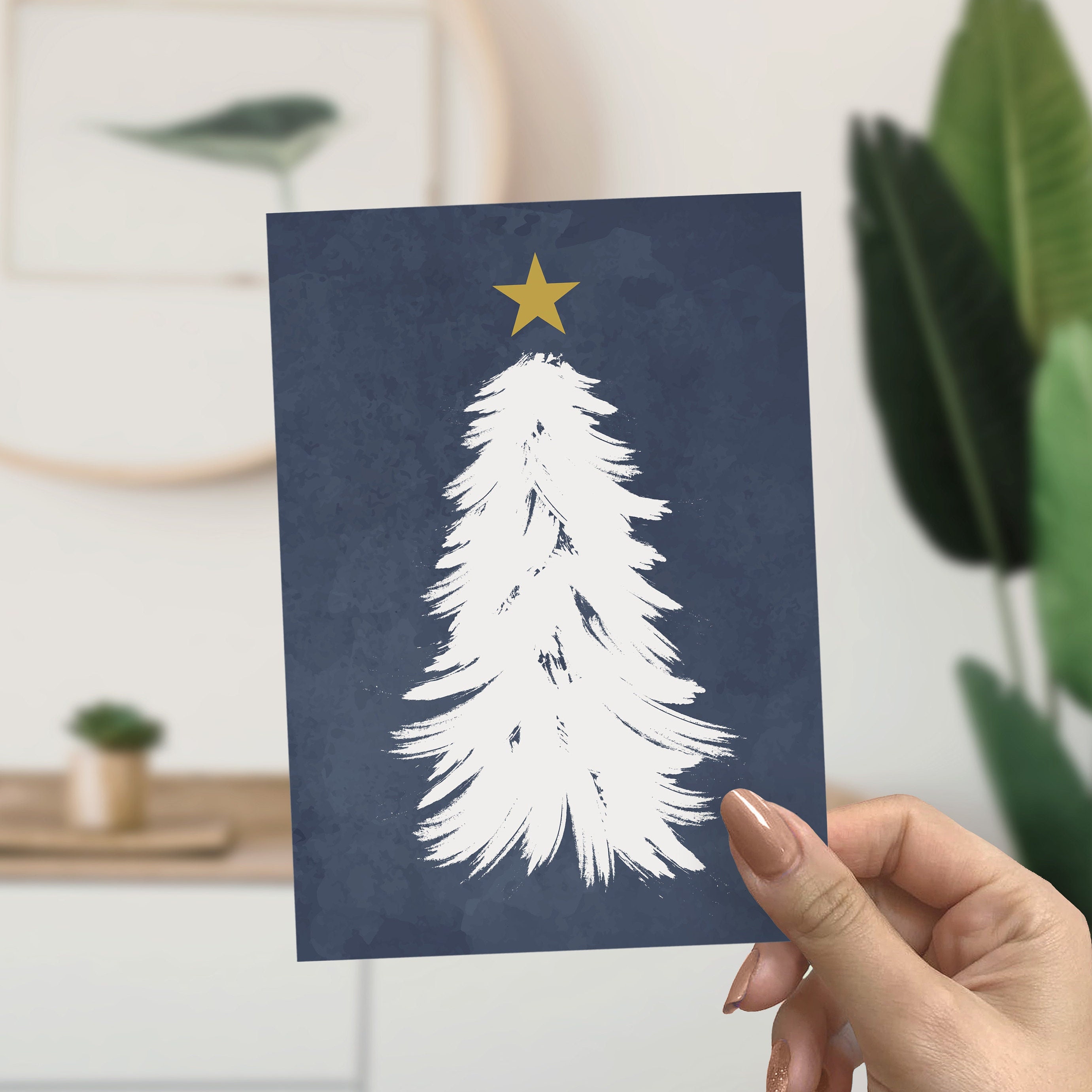 Blue Christmas Tree Card, Printable Christmas Stationary, Navy Blue ...