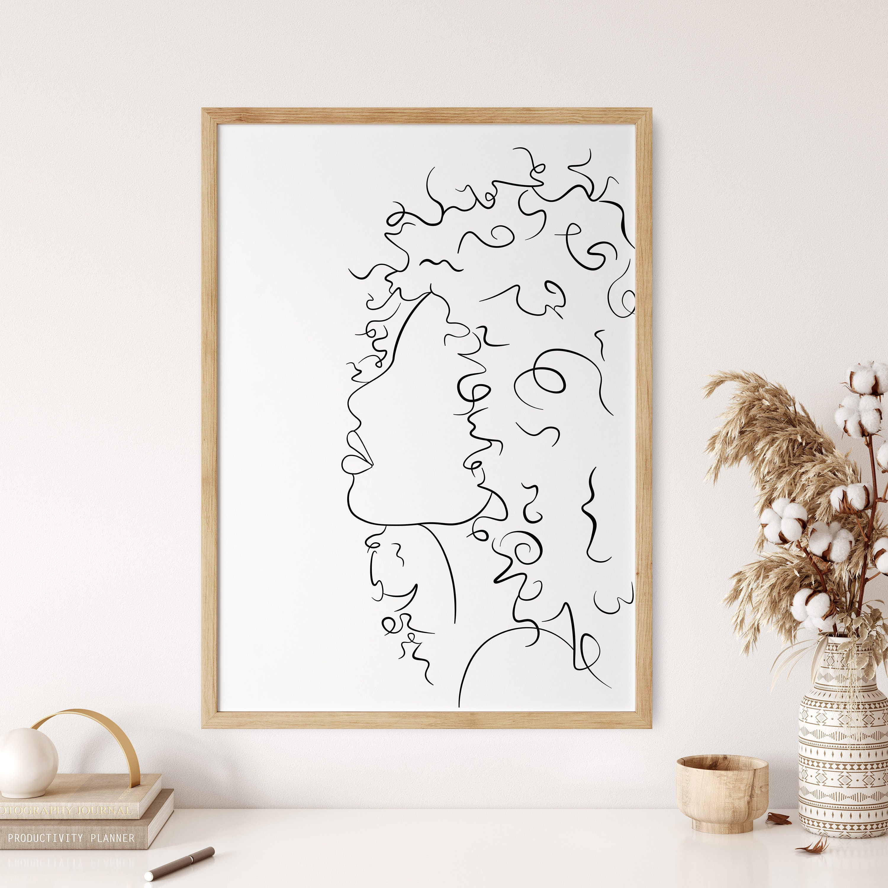 Curly Hair Line Art Print, Printable Wall Art, Woman Hair Poster Art ...