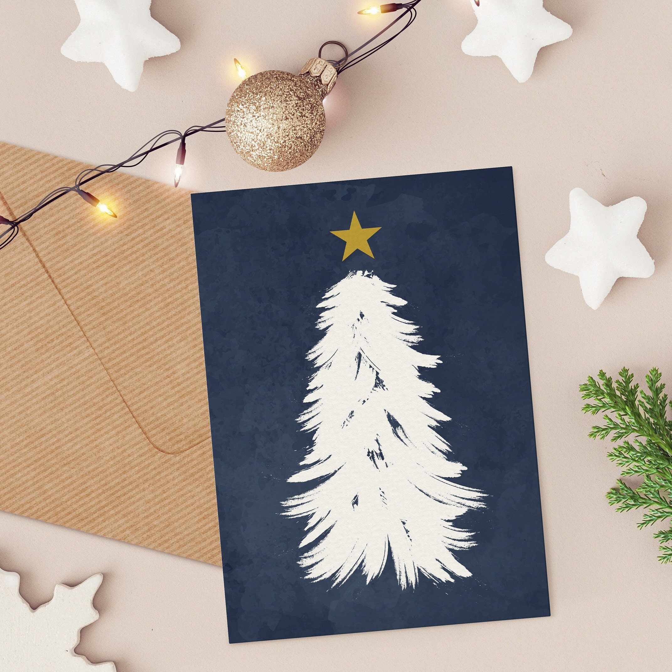 Blue Christmas Tree Card, Printable Christmas Stationary, Navy Blue ...