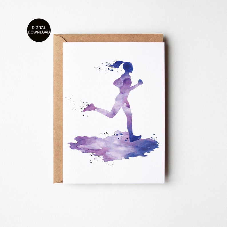 Woman Runner Watercolor Card, Printable Greeting Card, Congrats ...