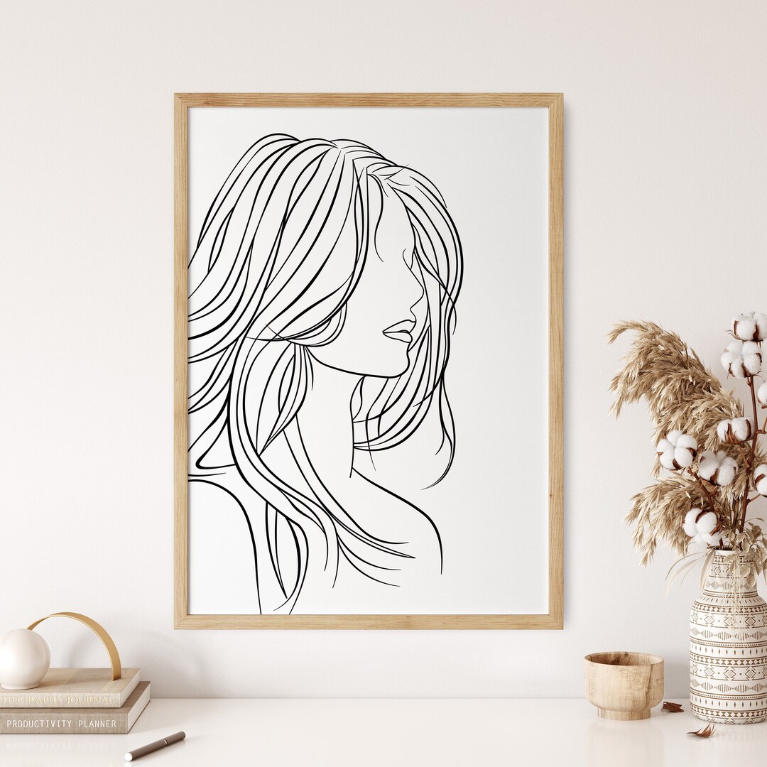 Long Wavy Hair Line Art Print, Printable Wall Art, Woman Poster ...