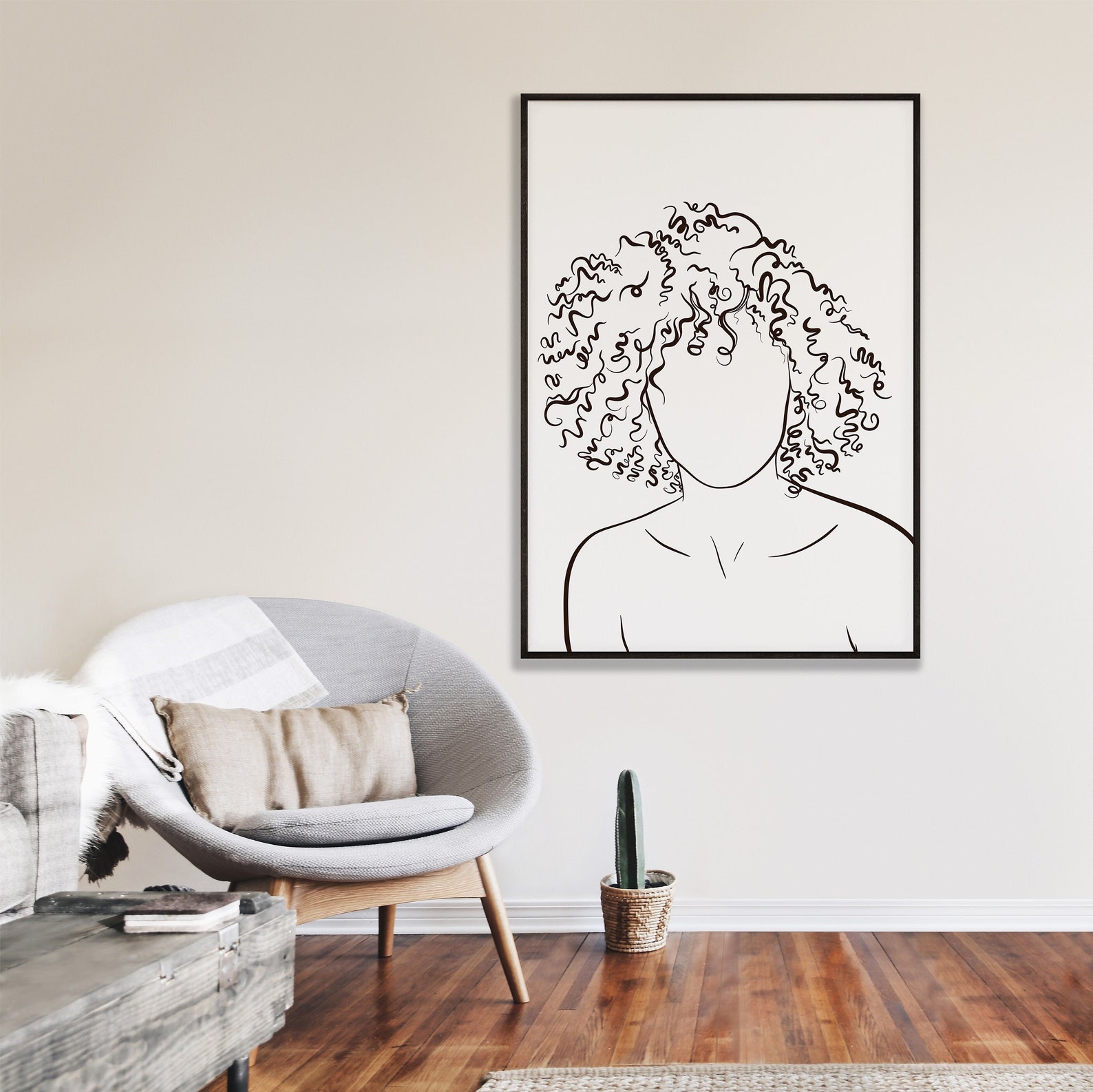 Curly Hair Line Art Print, Printable Wall Art, Woman Hair Poster Art ...