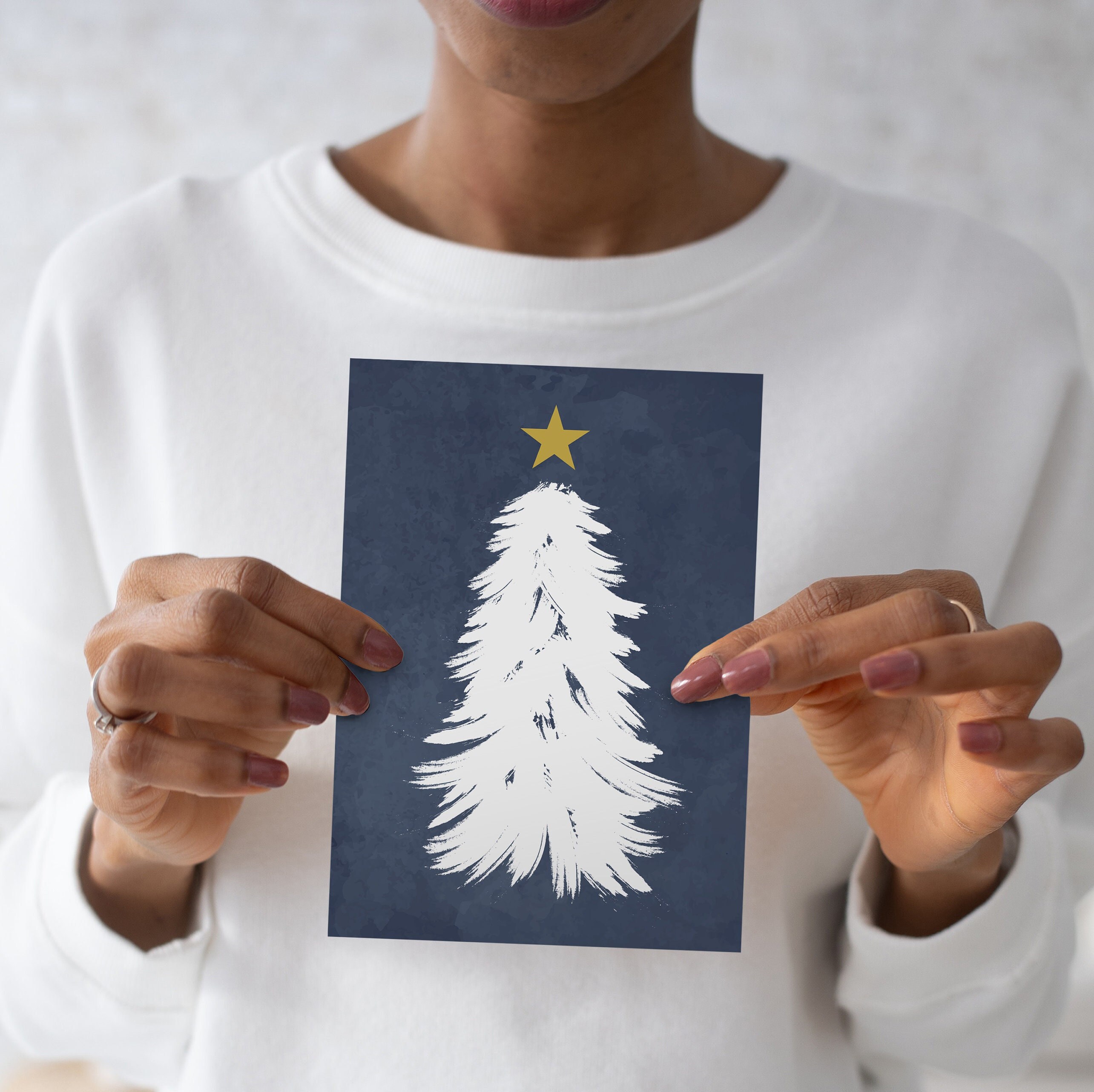 Blue Christmas Tree Card, Printable Christmas Stationary, Navy Blue ...