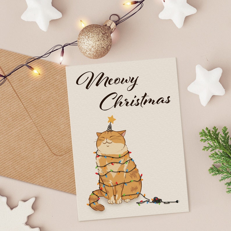 Meowy Christmas, Printable Christmas Card, Cat With Christmas Lights ...