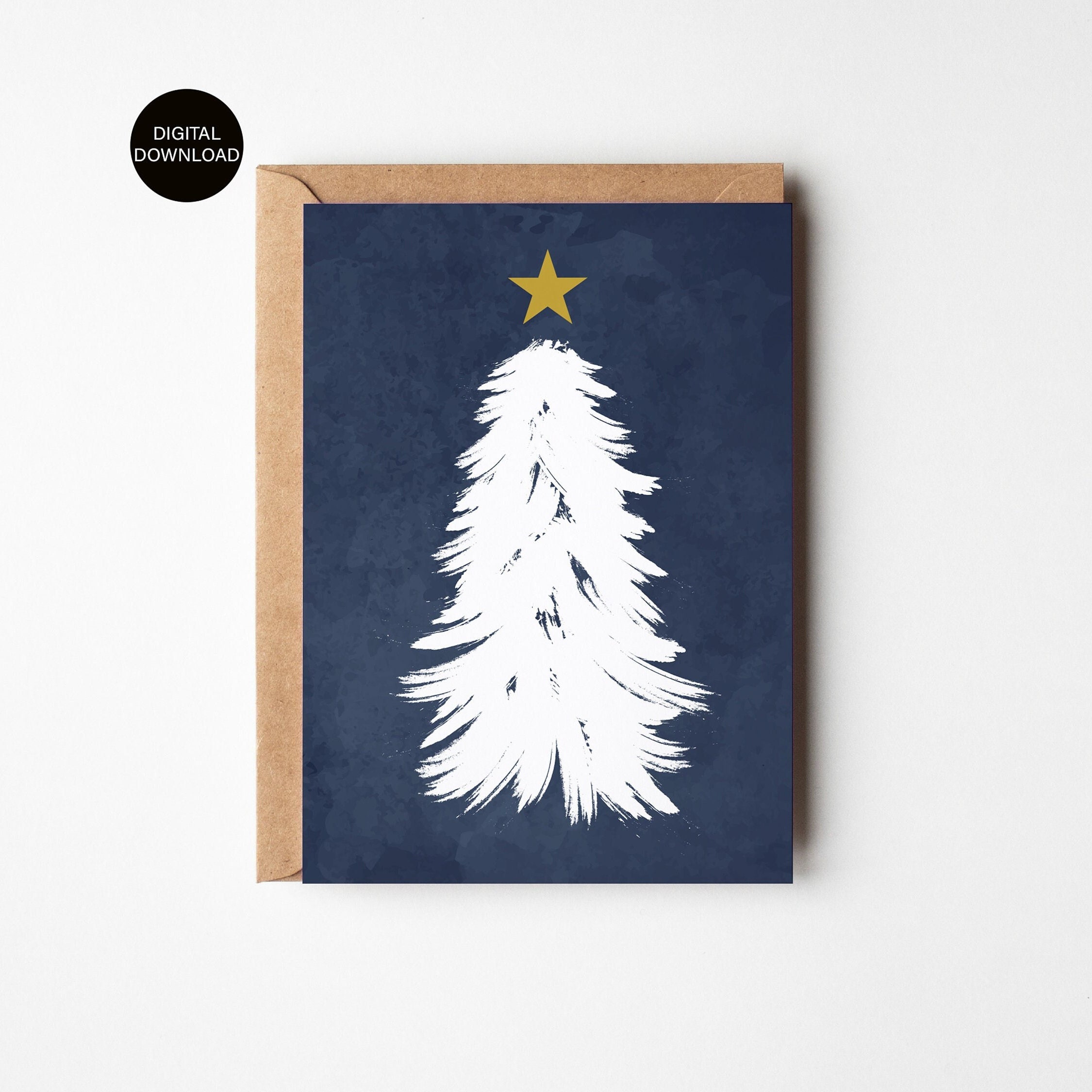 Blue Christmas Tree Card, Printable Christmas Stationary, Navy Blue ...