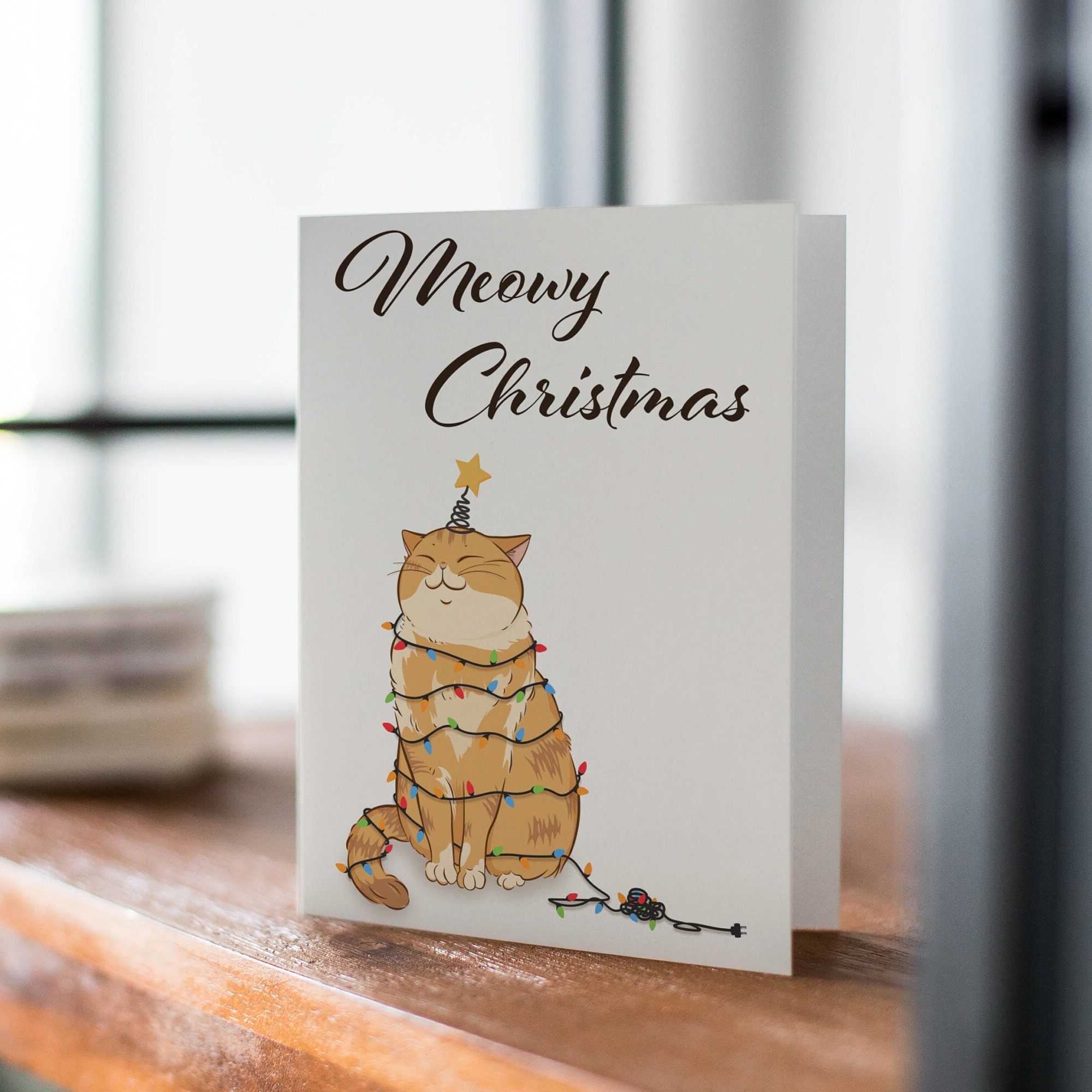 Meowy Christmas, Printable Christmas Card, Cat With Christmas Lights ...
