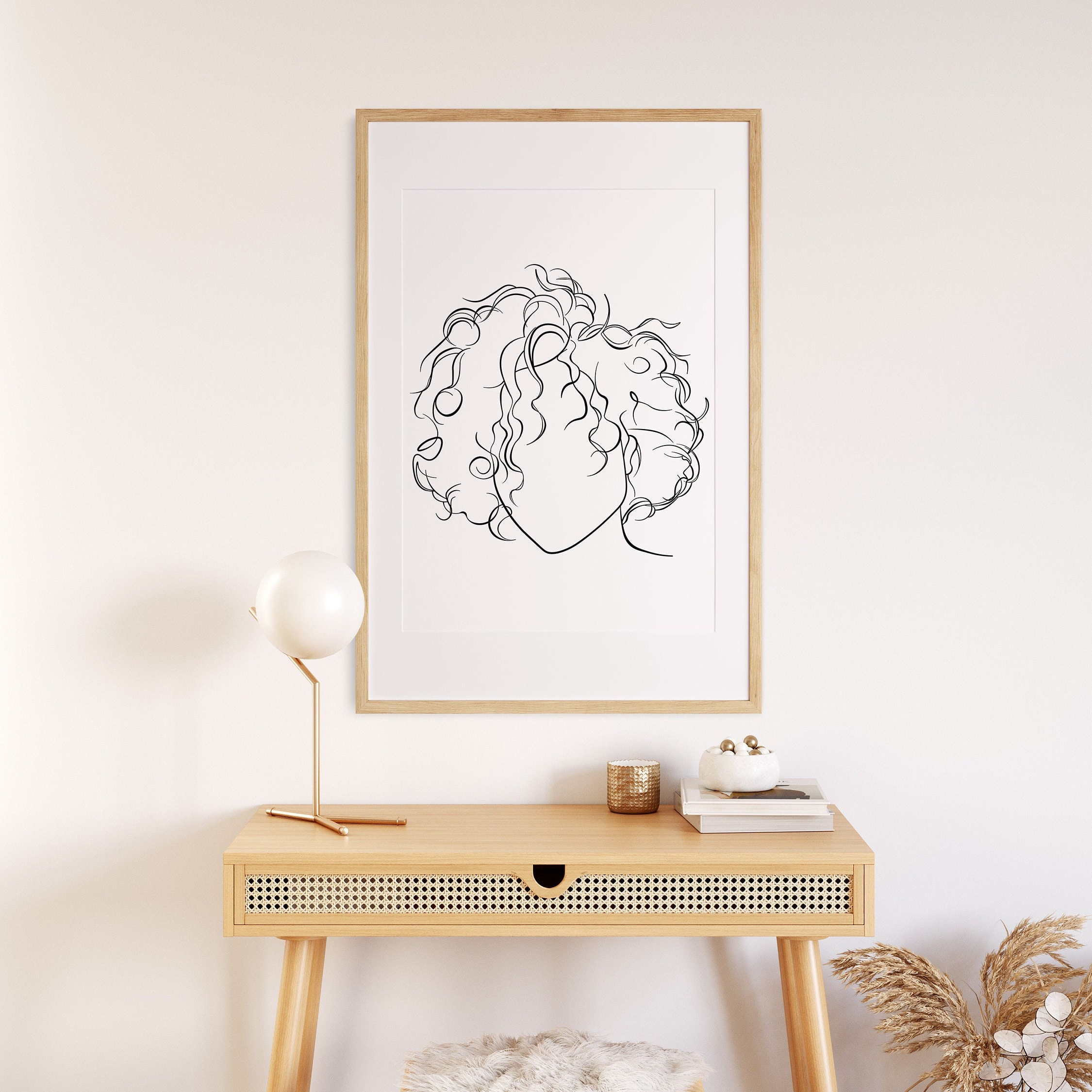 Short Curly Hair Line Art Print Printable Wall Art Woman Line Poster