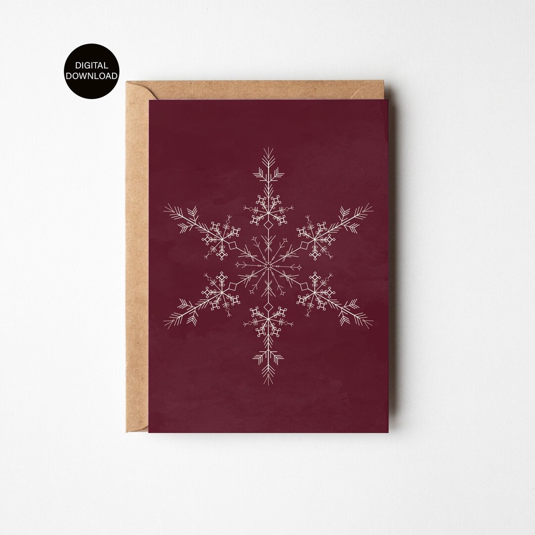 Red Snowflake Card, Printable Holiday Card, Red Christmas Stationary ...