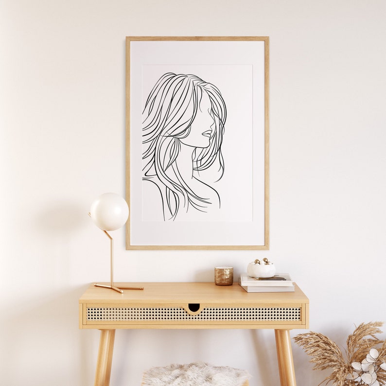 Long Wavy Hair Line Art Print, Printable Wall Art, Woman Poster ...