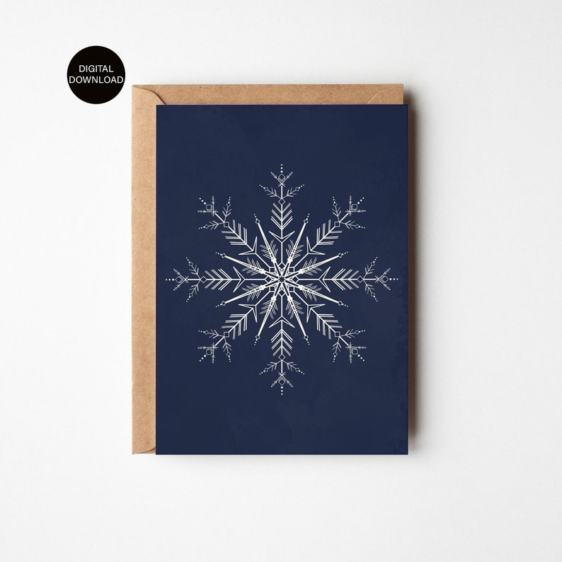 Blue Snowflake Card, Printable Holiday Card, Navy Blue Christmas ...