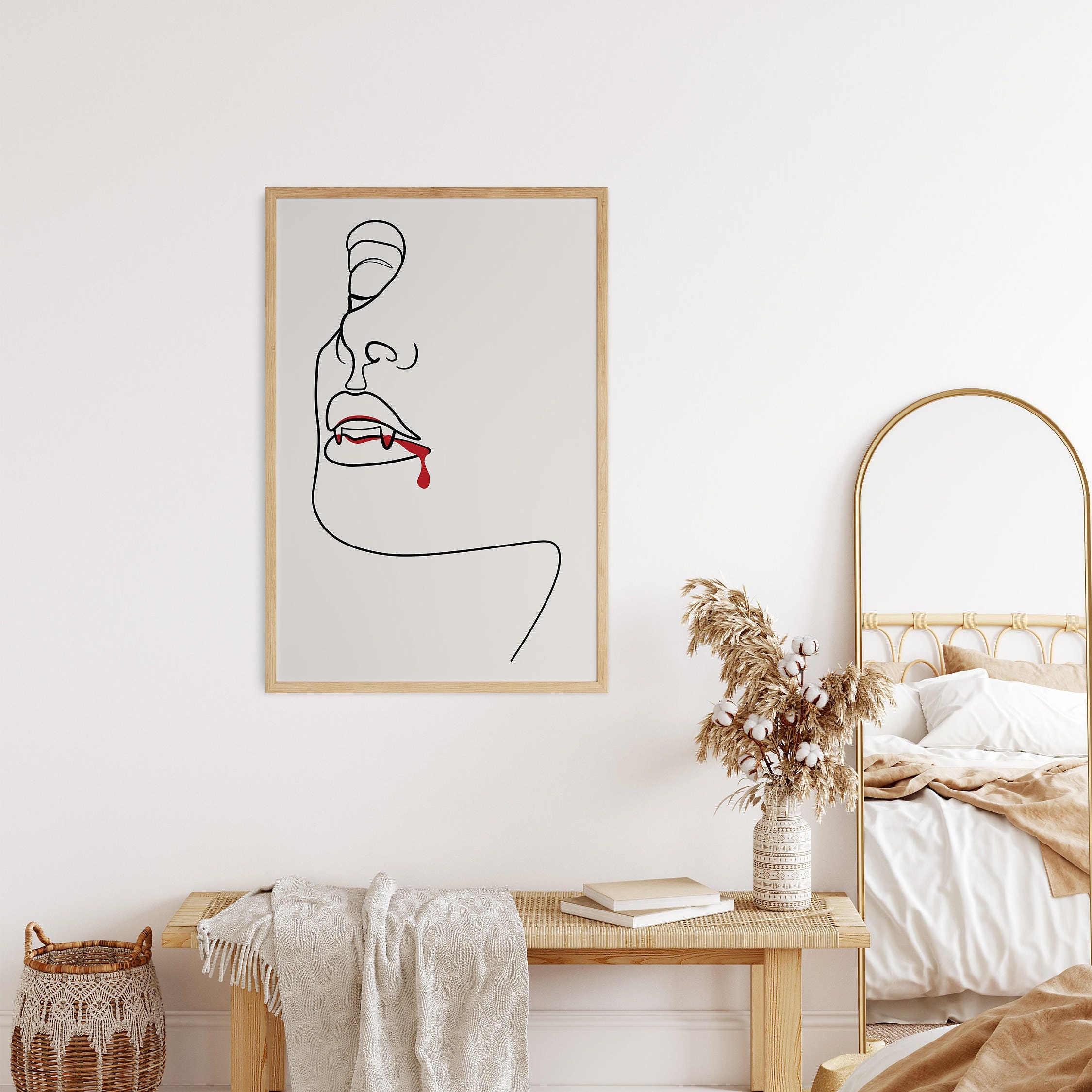 Vampire Woman Print, Boho Halloween Wall Art, Minimalist Line Art, Fall ...