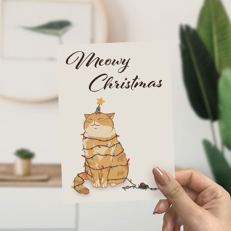 Meowy Christmas, Printable Christmas Card, Cat With Christmas Lights ...