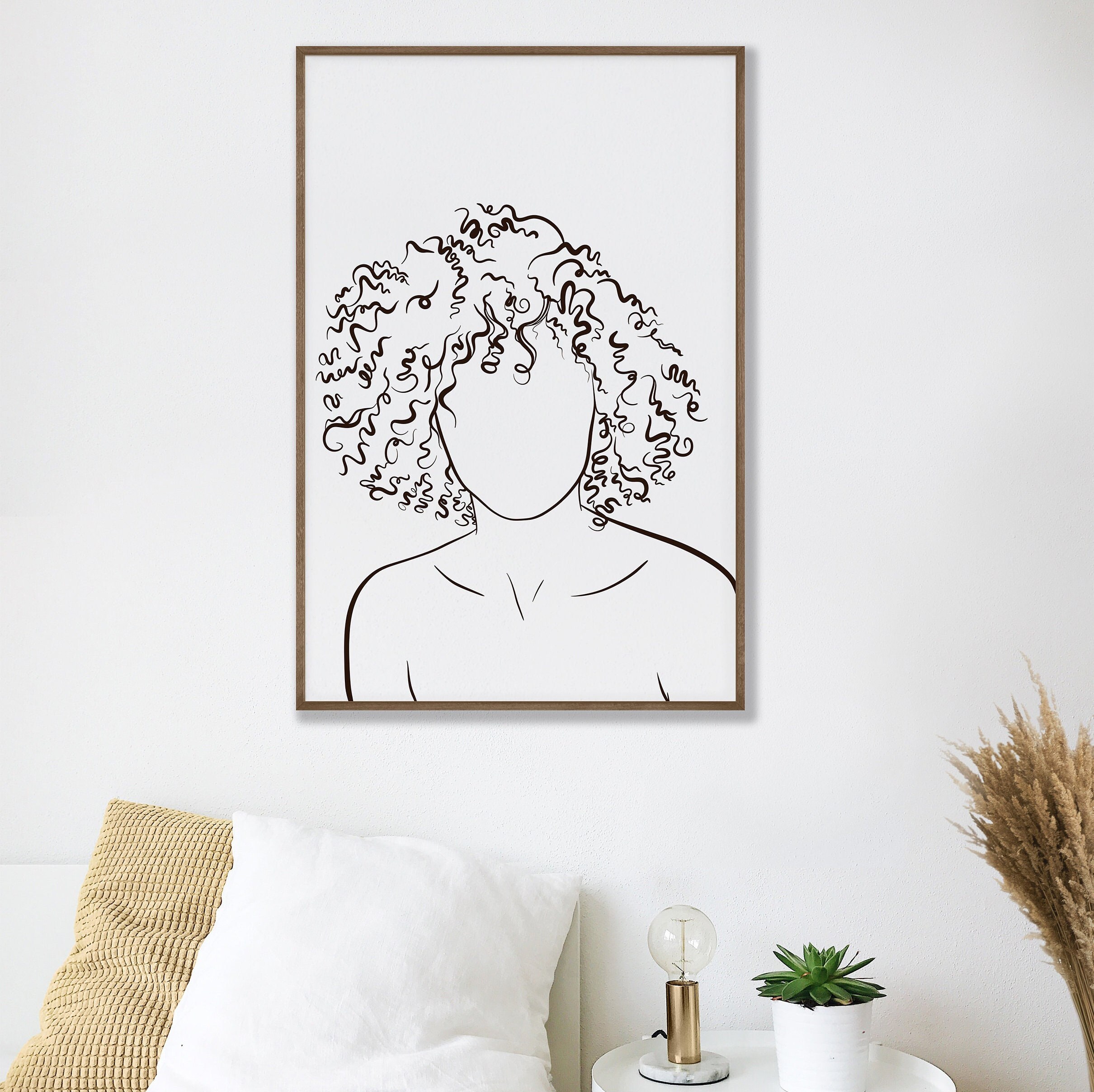 Curly Hair Line Art Print, Printable Wall Art, Woman Hair Poster Art ...