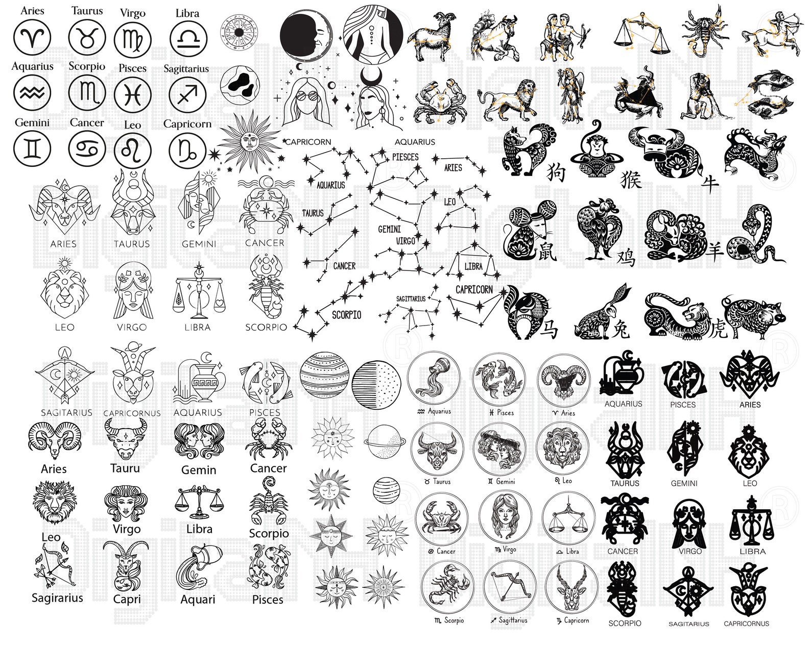 333 Zodiac Svg Bundle Zodiac Signs Svg Horoscope Svg Etsy