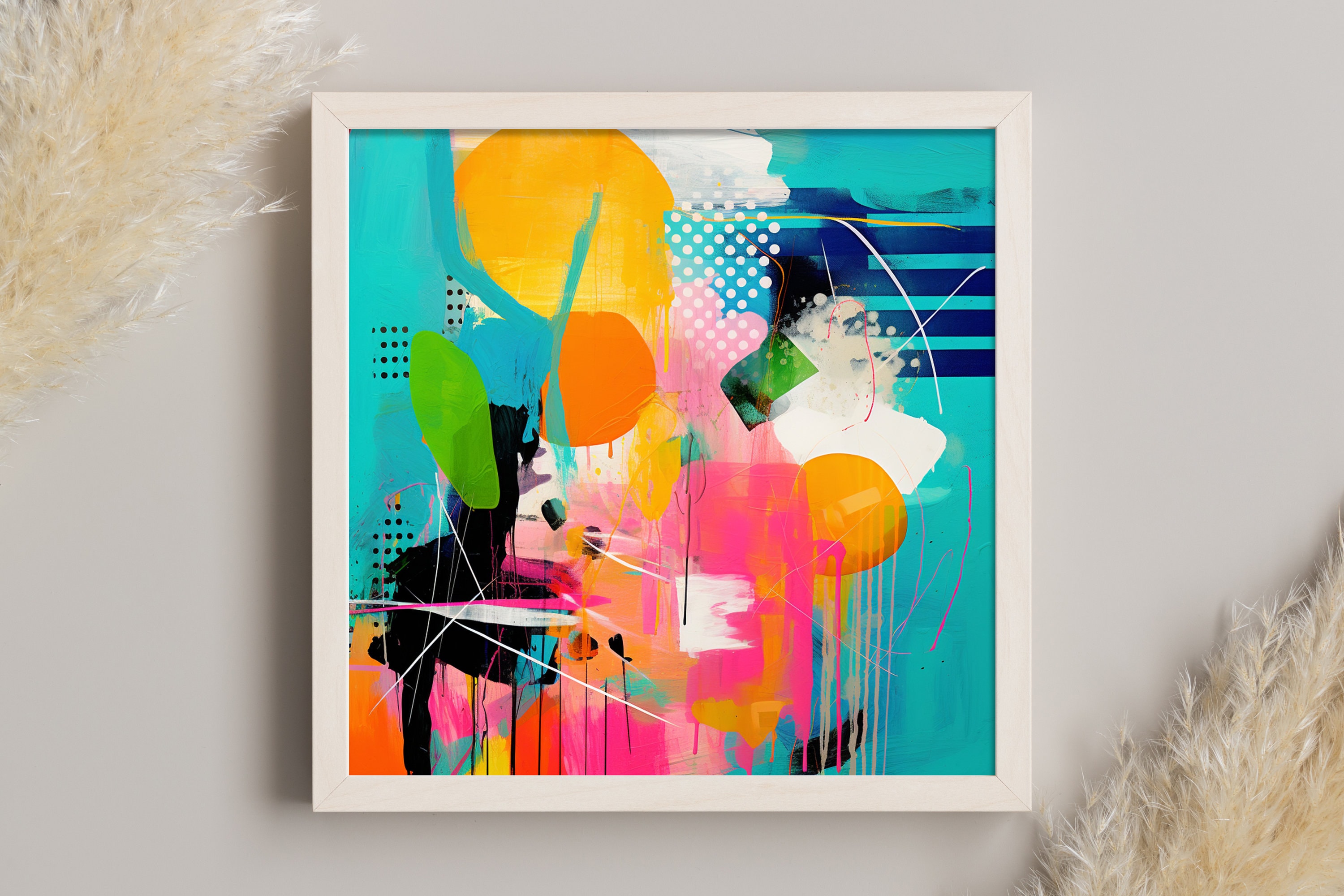 Turquoise and Orange Abstract Painting Bright and Colorful Canvas Print ...