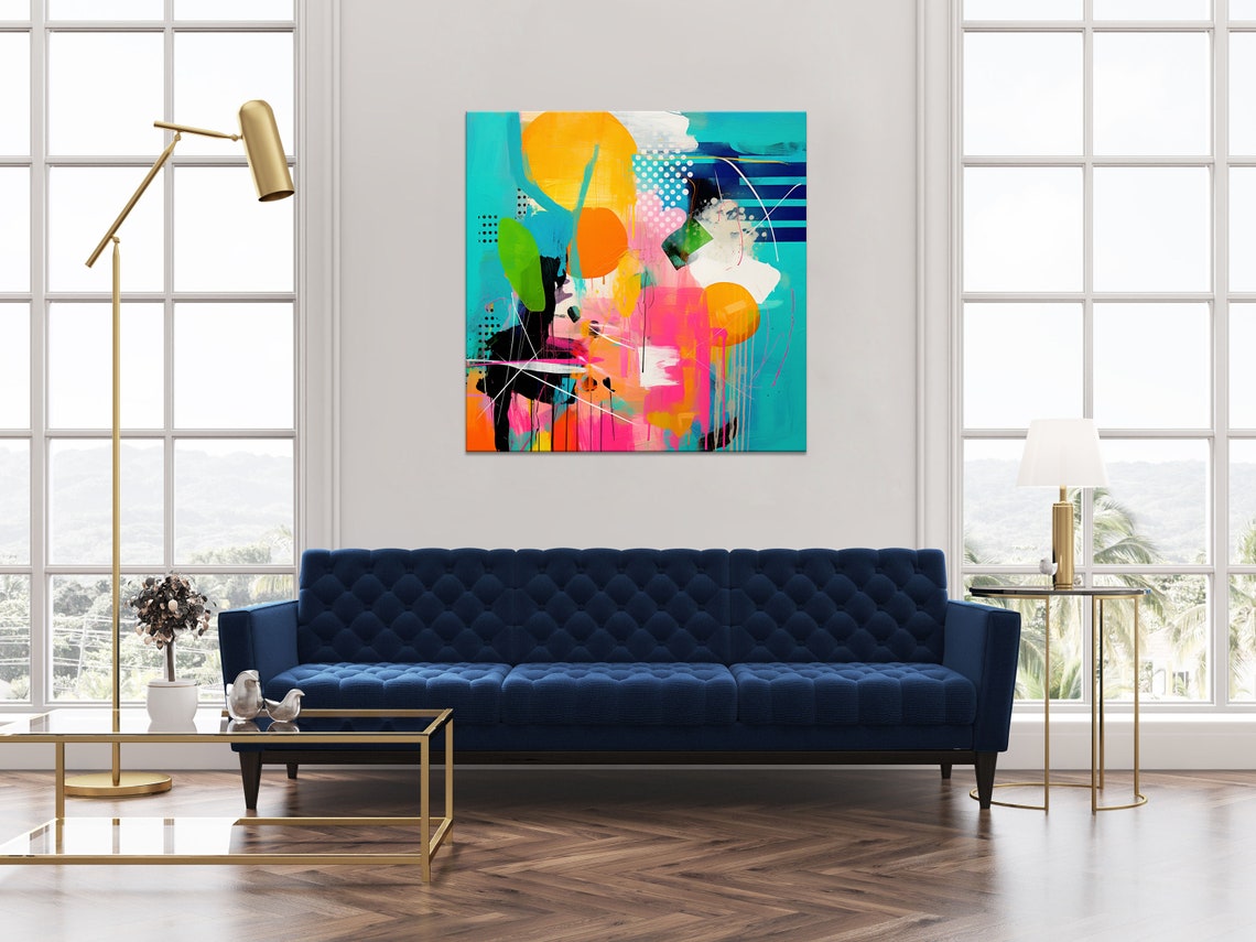 Turquoise and Orange Abstract Painting Bright and Colorful Canvas Print ...