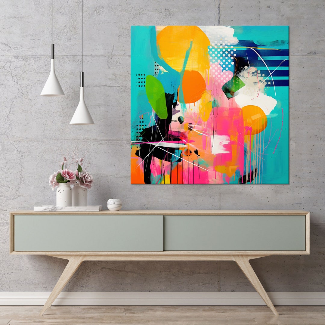 Turquoise and Orange Abstract Painting Bright and Colorful Canvas Print ...