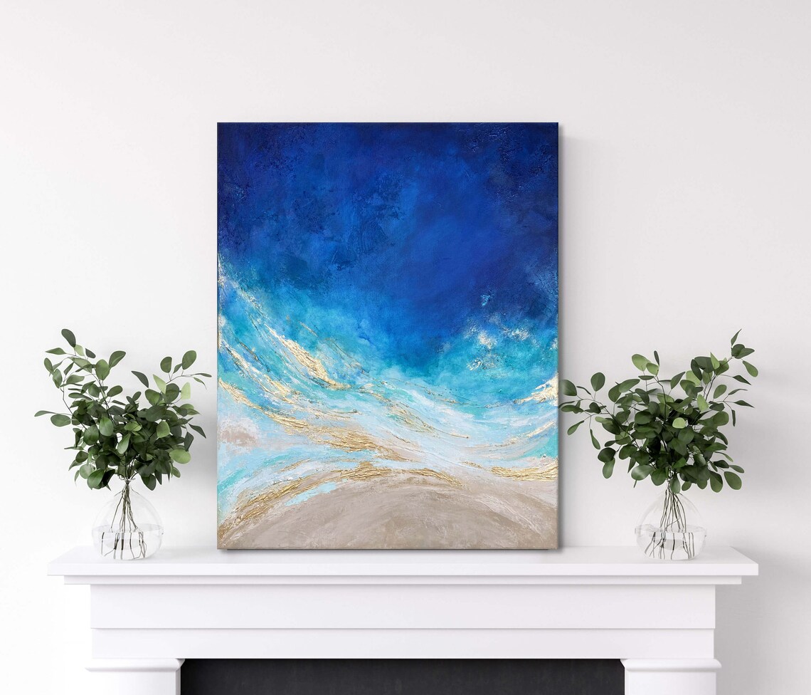 Navy Blue & Turquoise Modern Abstract Seascape Painting Wall Art ...
