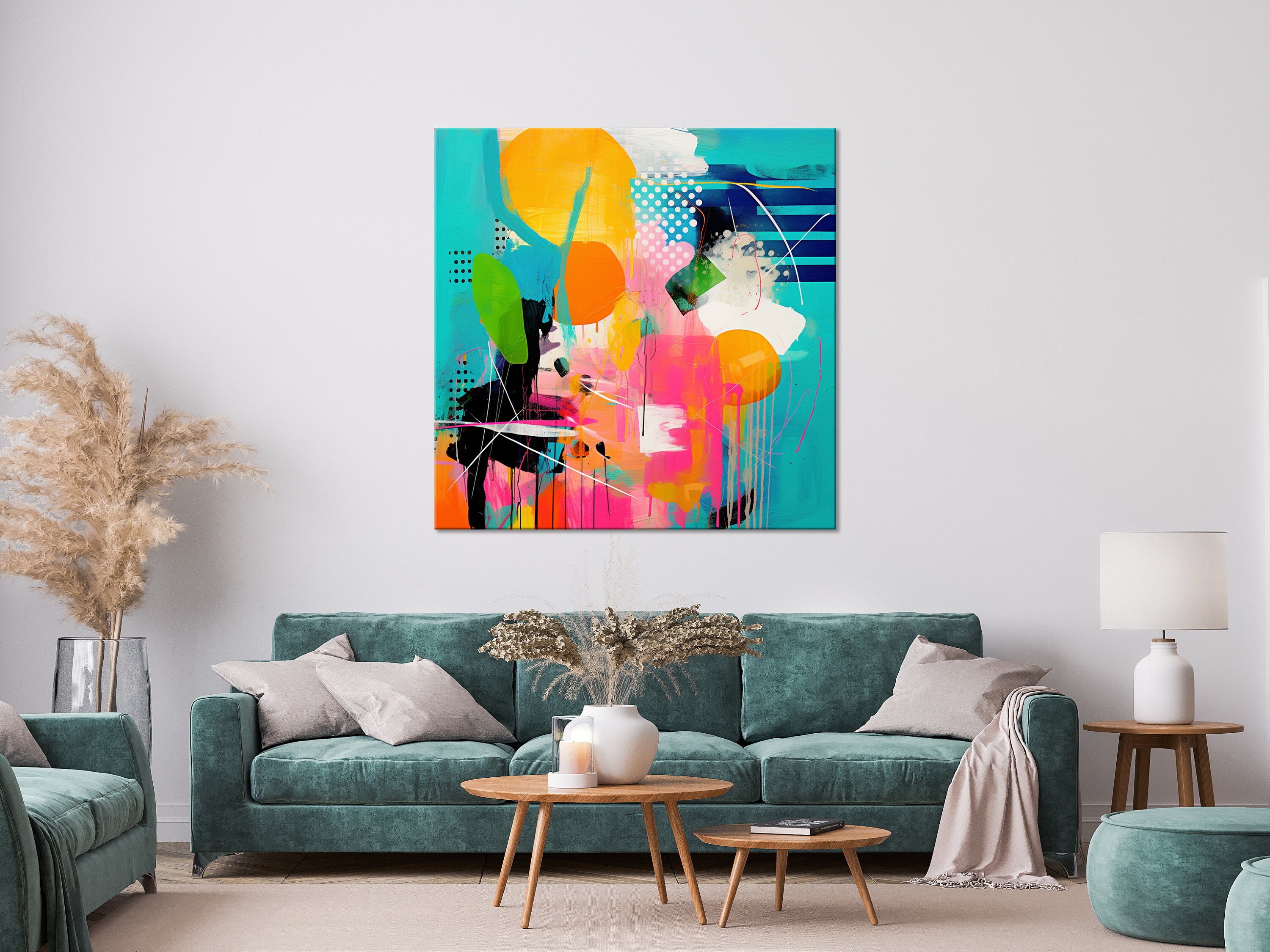 Turquoise and Orange Abstract Painting Bright and Colorful Canvas Print ...