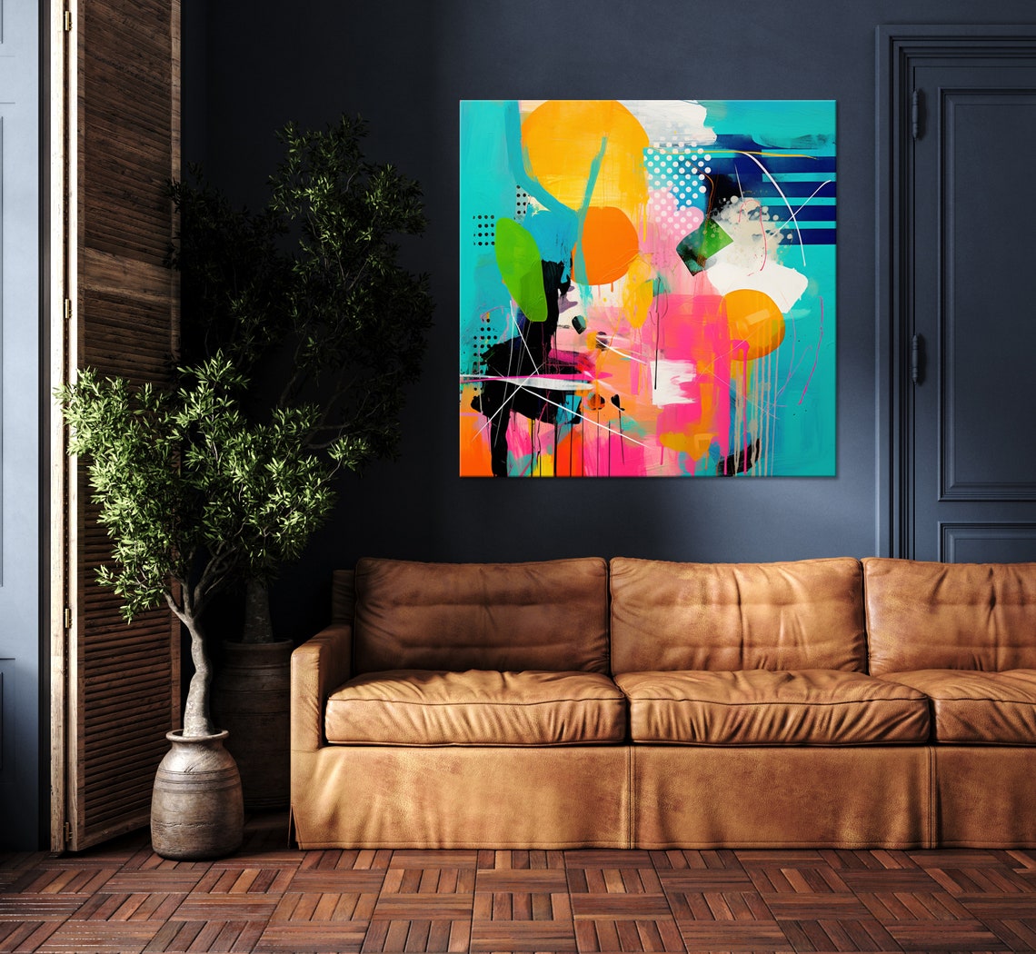 Turquoise and Orange Abstract Painting Bright and Colorful Canvas Print ...