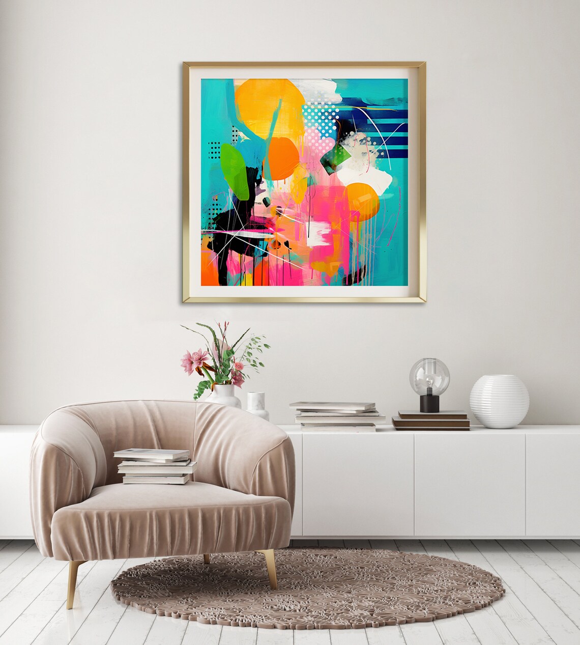 Turquoise and Orange Abstract Painting Bright and Colorful Canvas Print ...