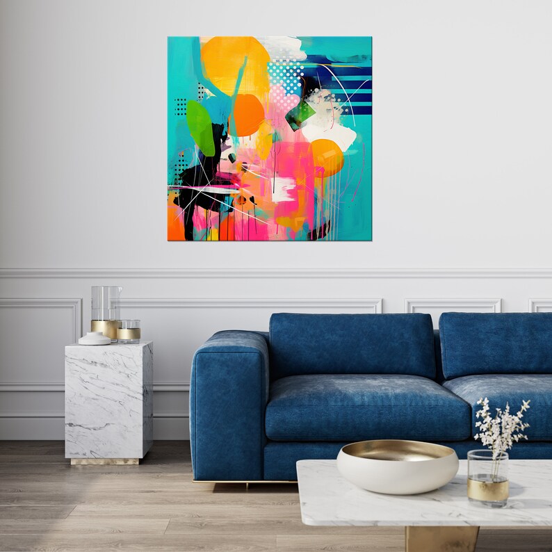 Turquoise and Orange Abstract Painting Bright and Colorful Canvas Print ...
