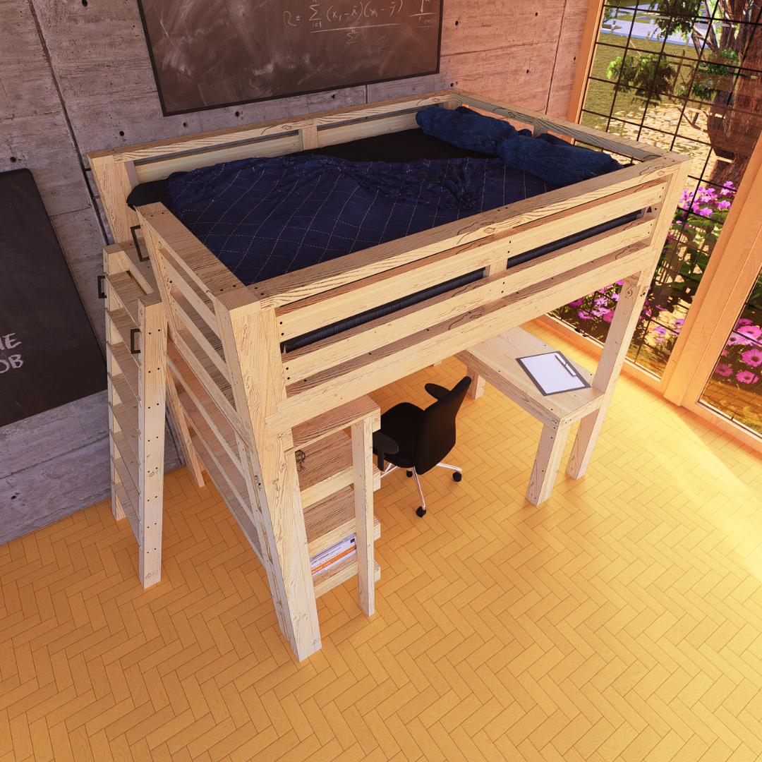 Full-size DIY Loft Bed Plan Pdf Download , Loft Bed and Desk Plan, Bed With Desk Plan, Bunk Bed ...