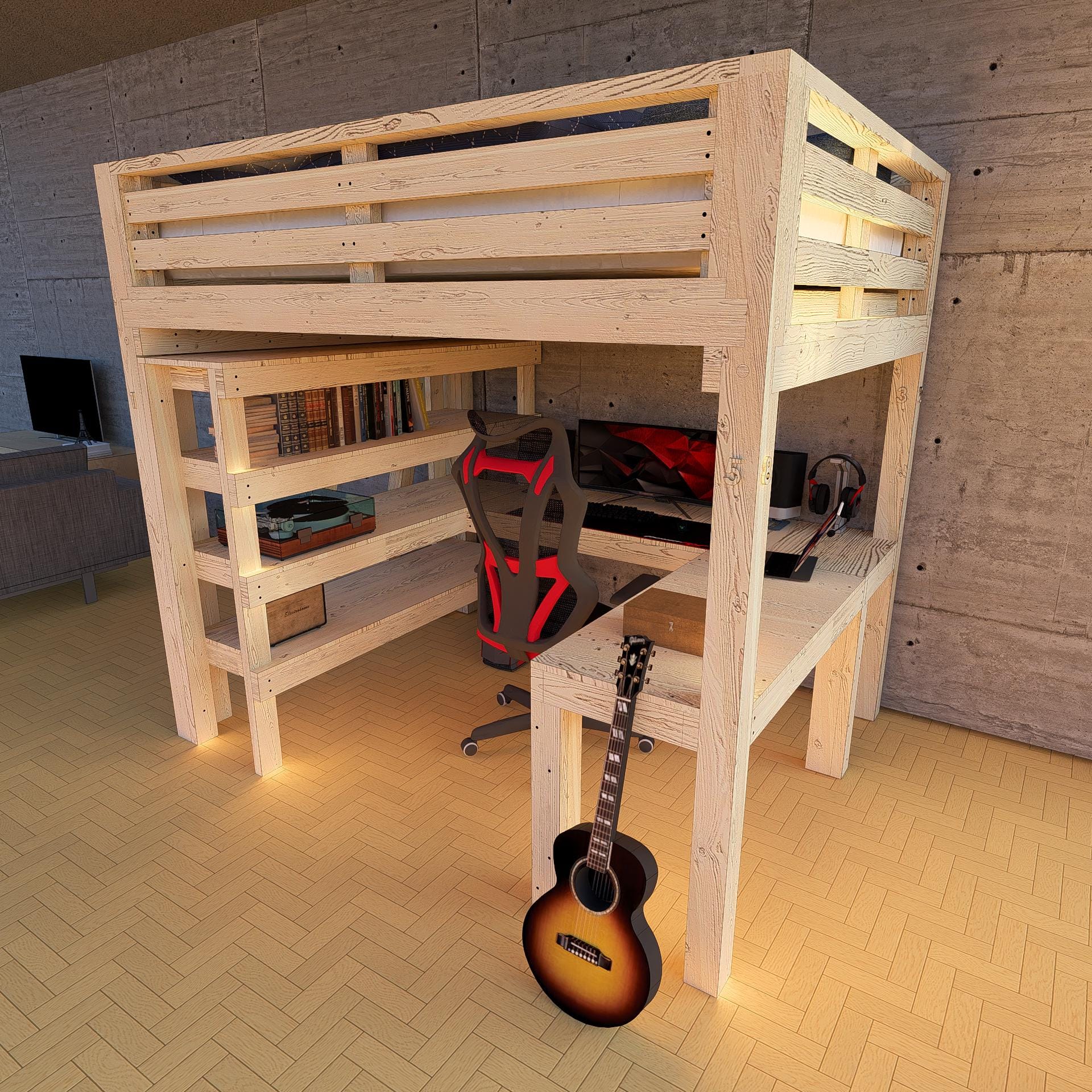 Queen-size DIY Loft Bed Plan Pdf Download Loft Bed and Desk Plan, Bed With Desk Plan,bunk Bed ...