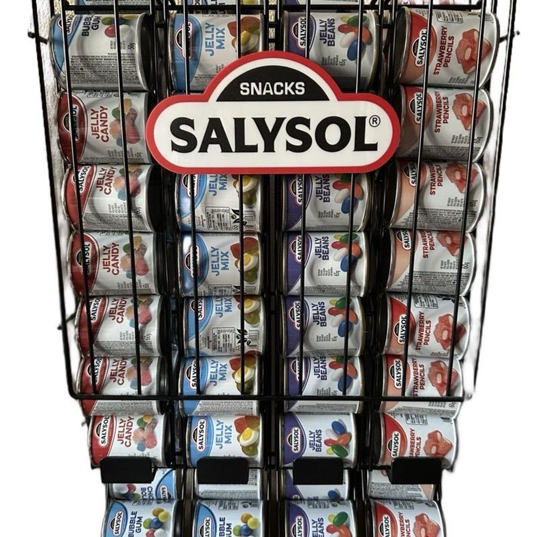 Salysol Sweets Candy Vending Stand Display and 68 Mixed Tin Cans Tubs ...
