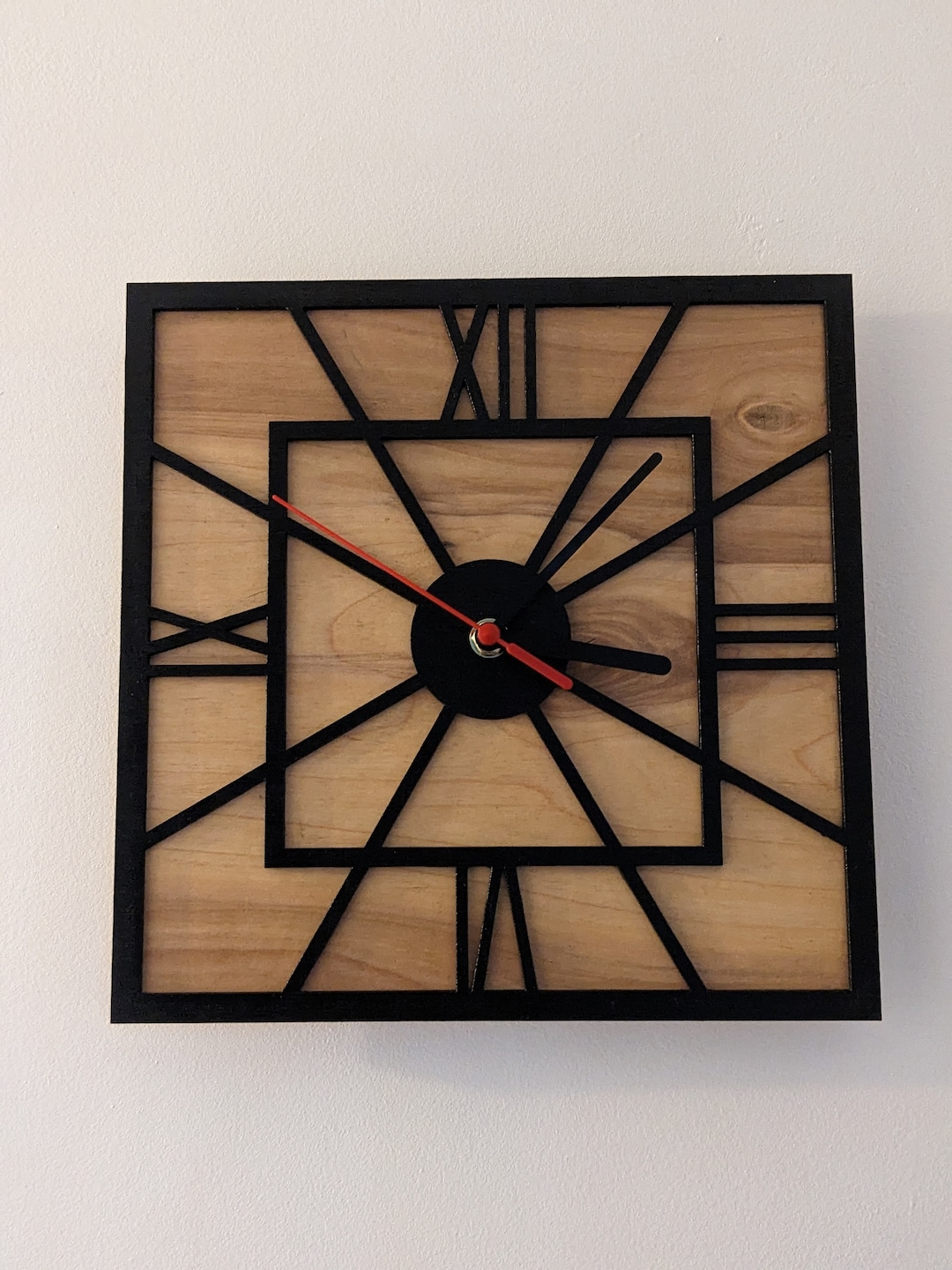 Square Roman Numeral Wooden Wall Clock, Wall Décor, Wood and Black ...