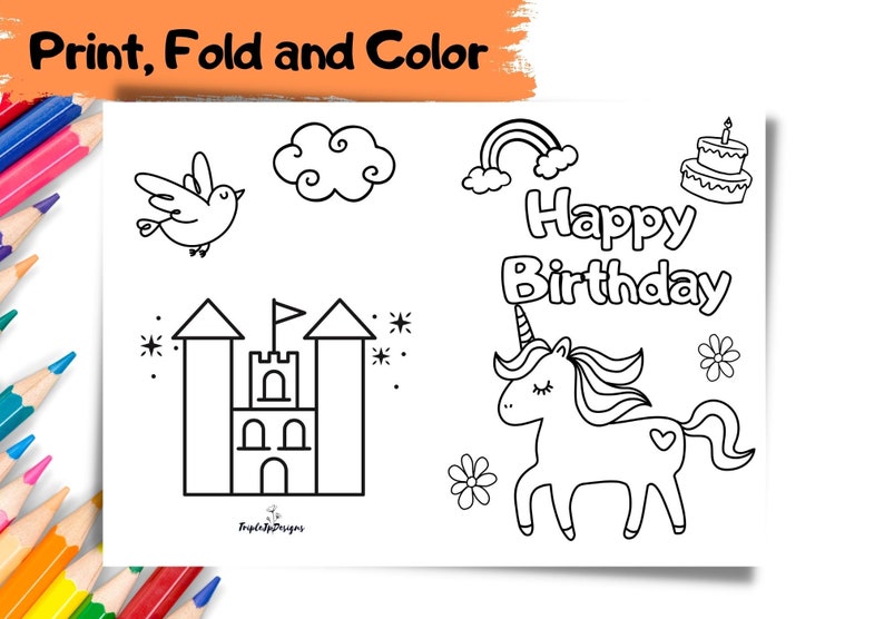PRINTABLE Happy Birthday Unicorns Coloring Card | Color Your Own DIY ...
