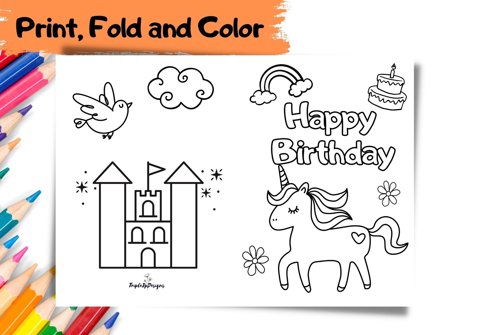 PRINTABLE Happy Birthday Unicorns Coloring Card | Color Your Own DIY ...