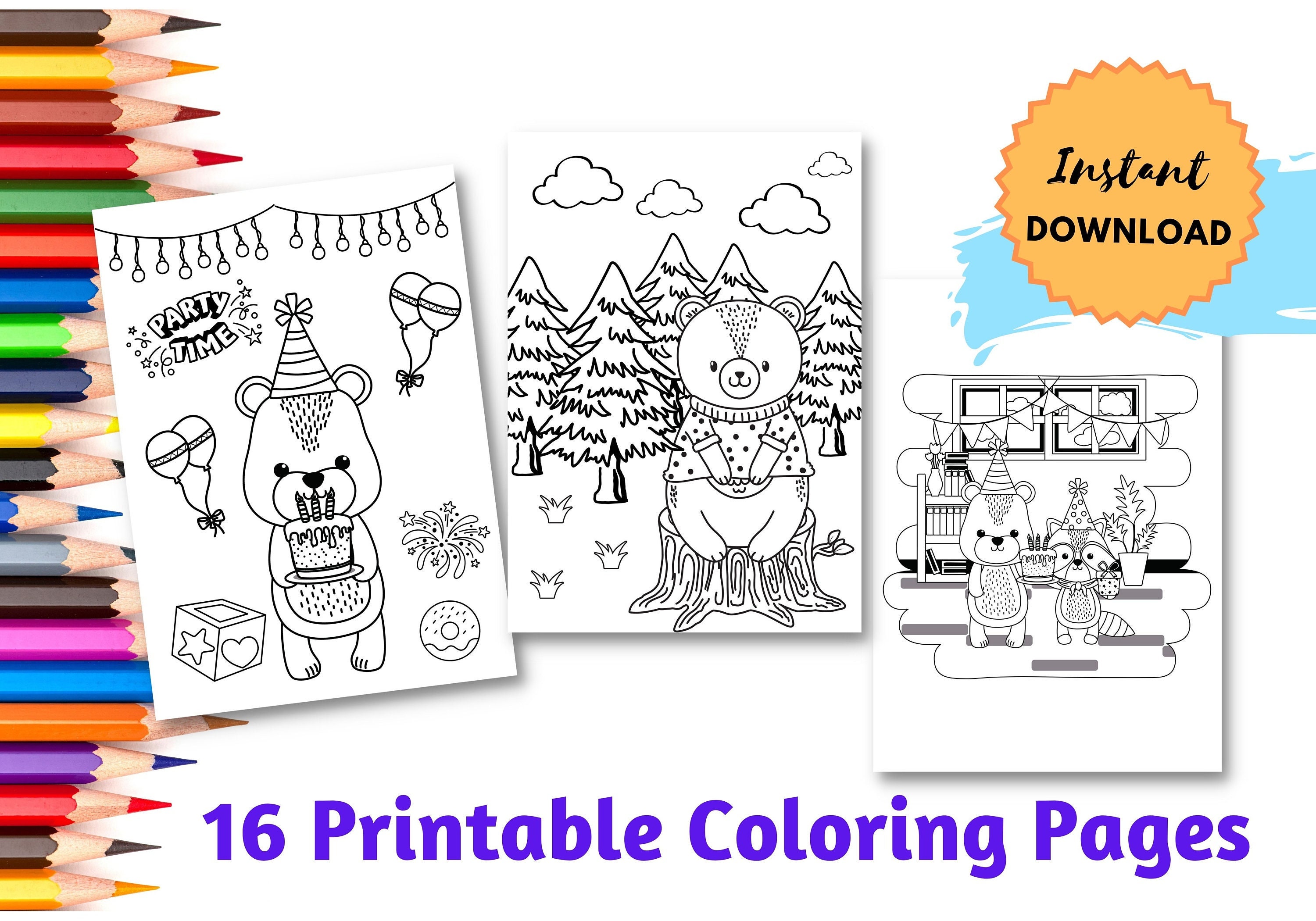 16 PRINTABLE Bear Coloring Pages | Birthday Party Activity, PDF ...