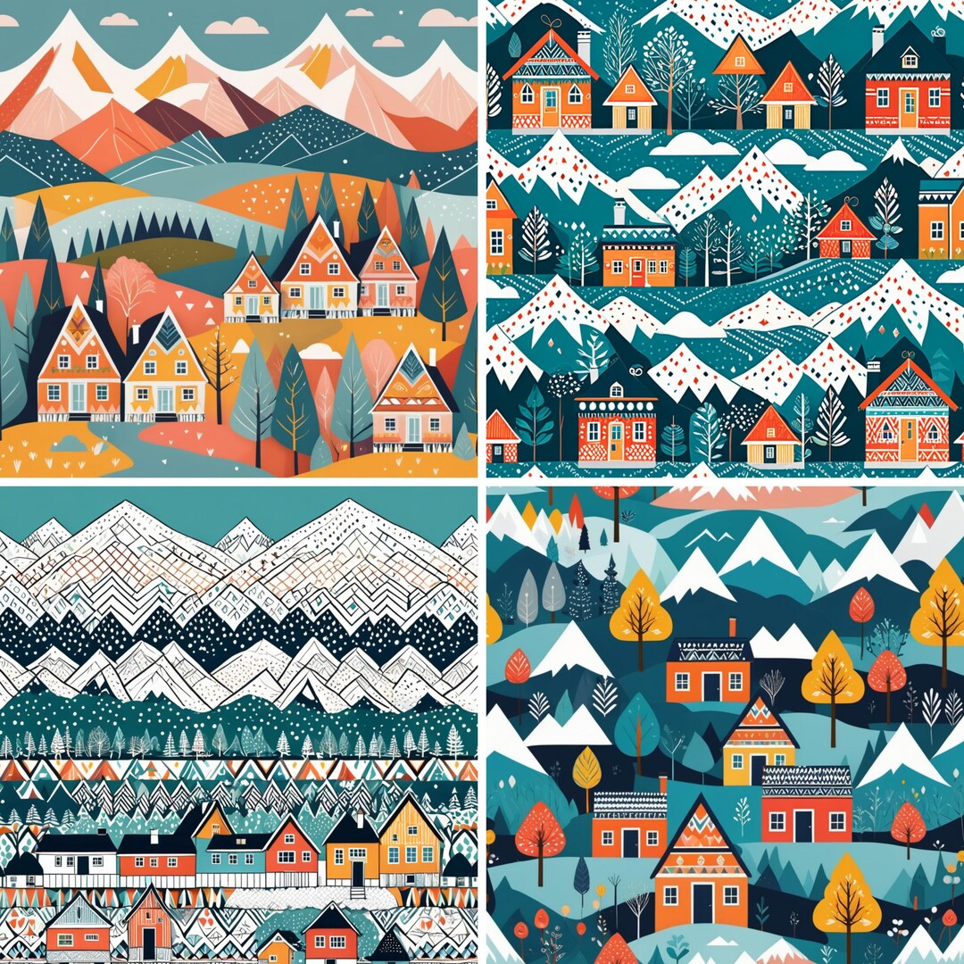 Winter Village Snowscapes Pattern Paper Clipart, 12 JPG Digital Papers ...