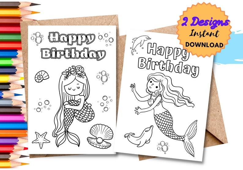 PRINTABLE Happy Birthday Mermaid Coloring Card Color Your Own DIY ...