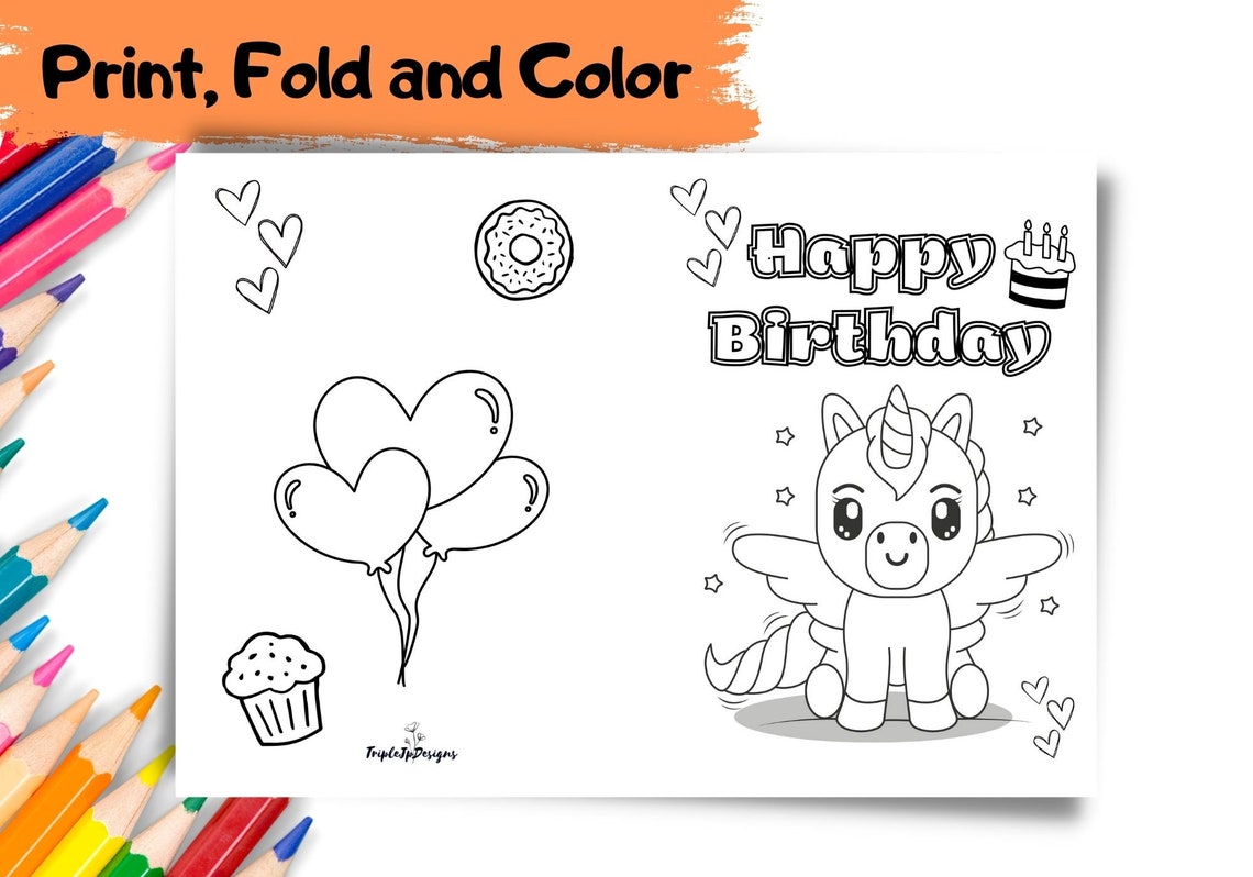 PRINTABLE Happy Birthday Unicorns Coloring Card | Color Your Own DIY ...