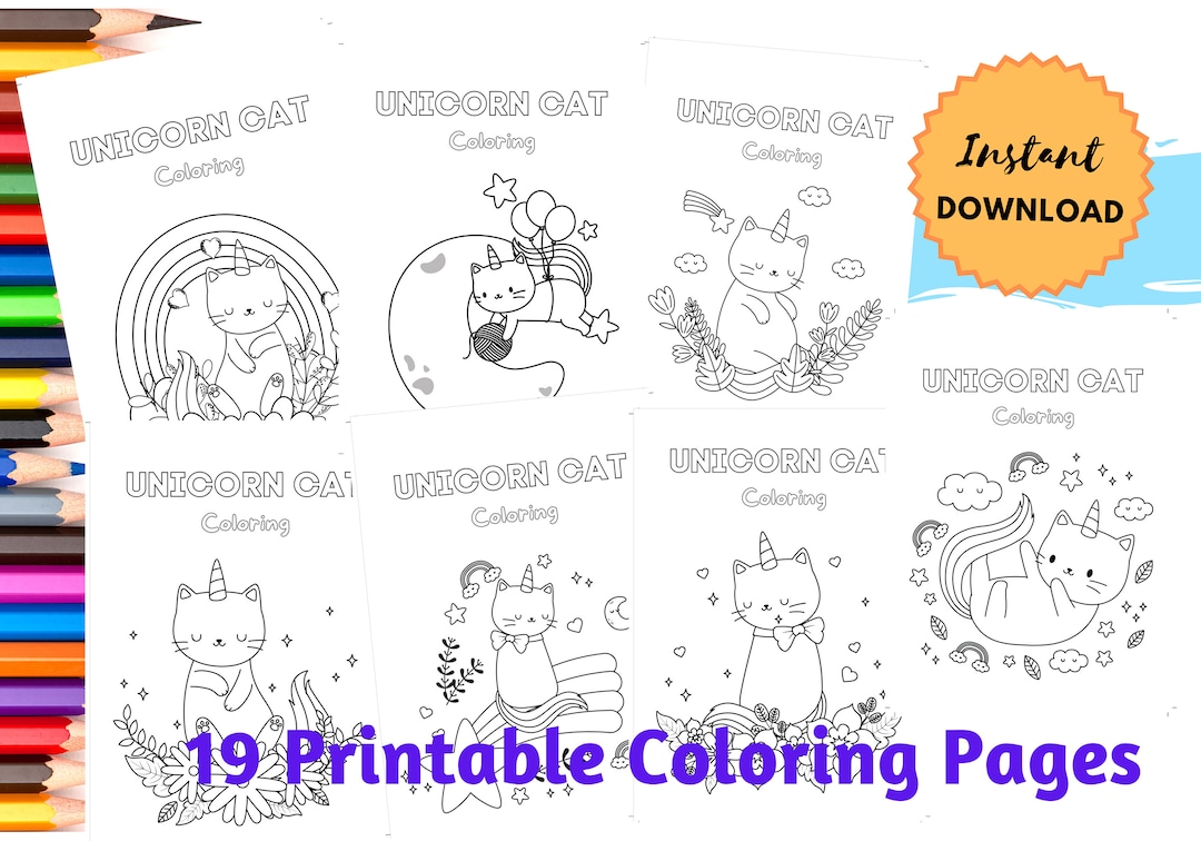 19 PRINTABLE Unicorn Cat Coloring Pages | Birthday Party Activity, PDF ...