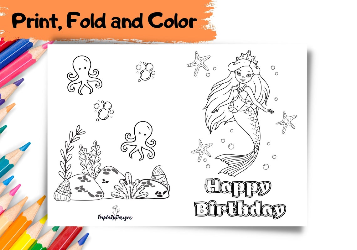 PRINTABLE Happy Birthday Mermaid Coloring Card | Color Your Own DIY ...
