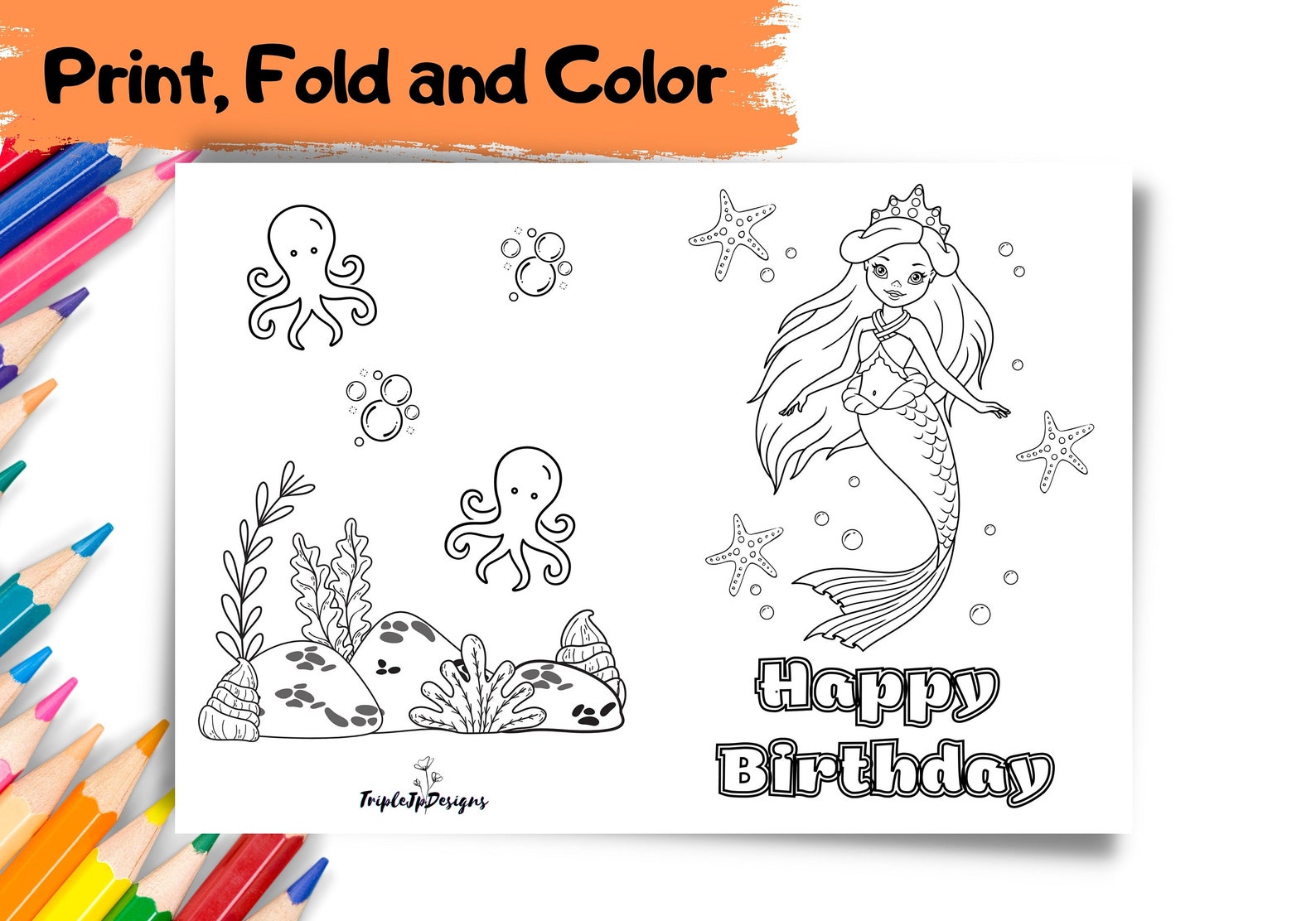 PRINTABLE Happy Birthday Mermaid Coloring Card | Color Your Own DIY ...