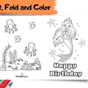 PRINTABLE Happy Birthday Mermaid Coloring Card | Color Your Own DIY ...