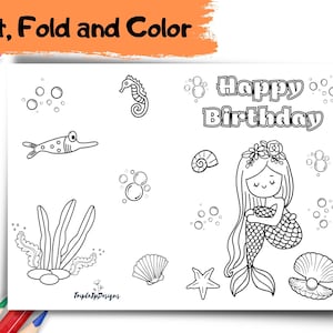 PRINTABLE Happy Birthday Mermaid Coloring Card Color Your Own DIY ...