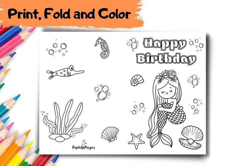 PRINTABLE Happy Birthday Mermaid Coloring Card | Color Your Own DIY ...