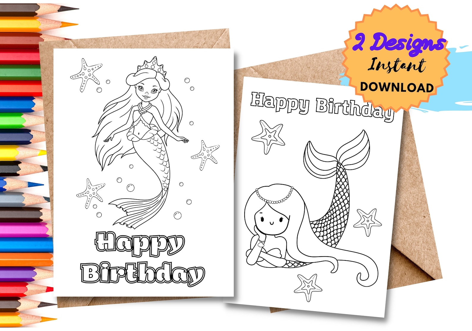 PRINTABLE Happy Birthday Mermaid Coloring Card | Color Your Own DIY ...