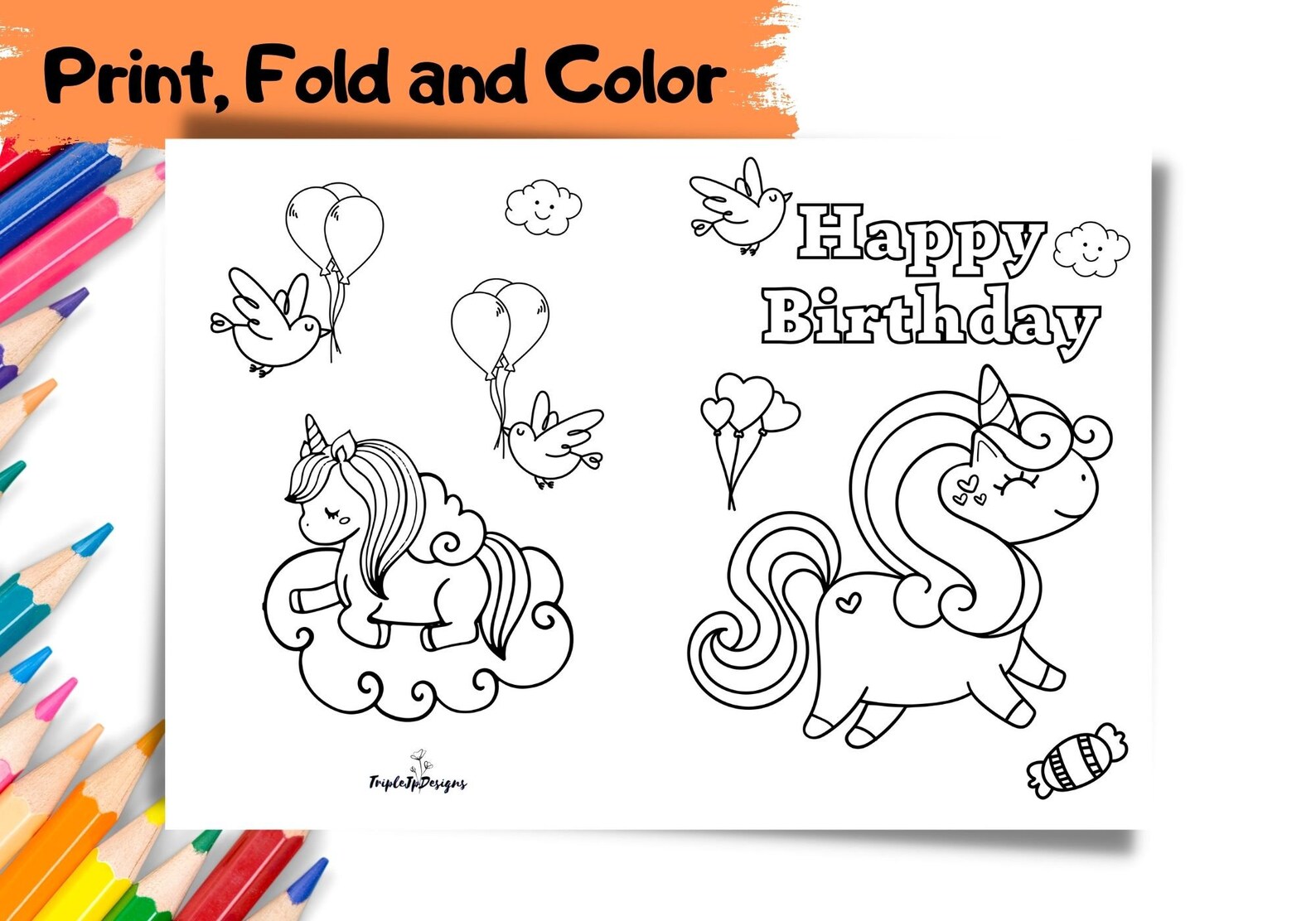 PRINTABLE Happy Birthday Unicorns Coloring Card Color Your Own DIY ...