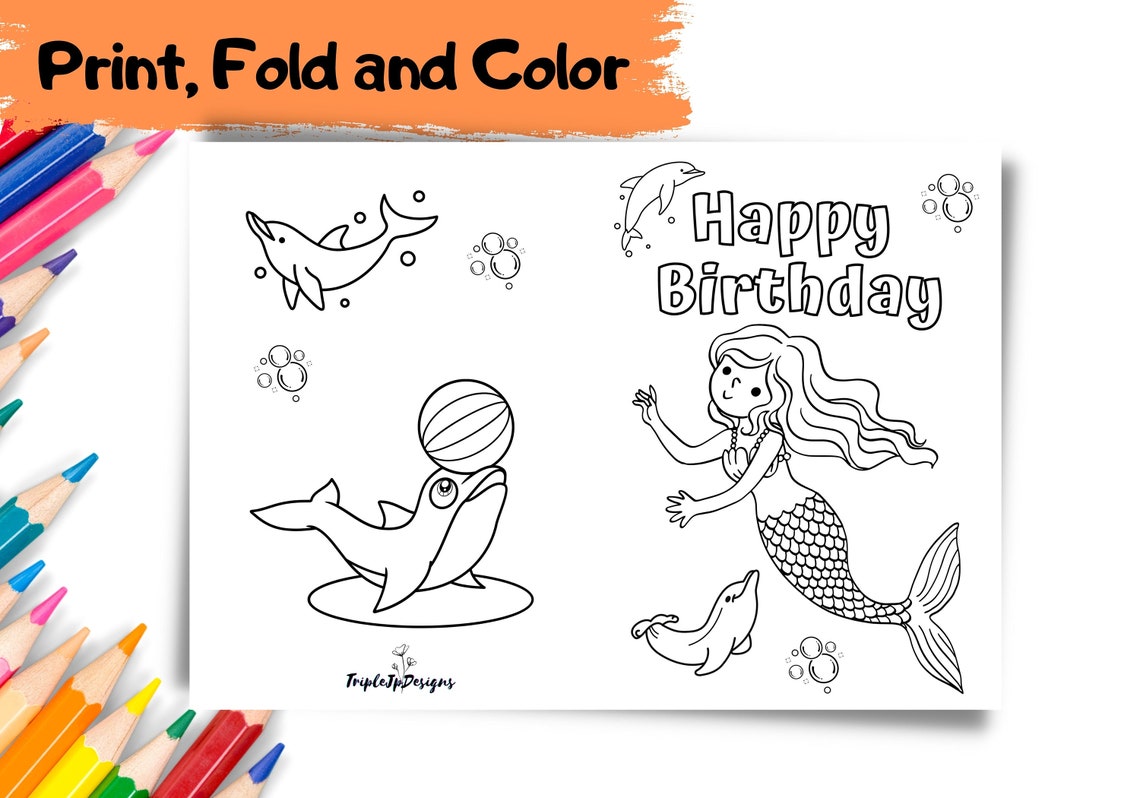 PRINTABLE Happy Birthday Mermaid Coloring Card Color Your Own DIY ...