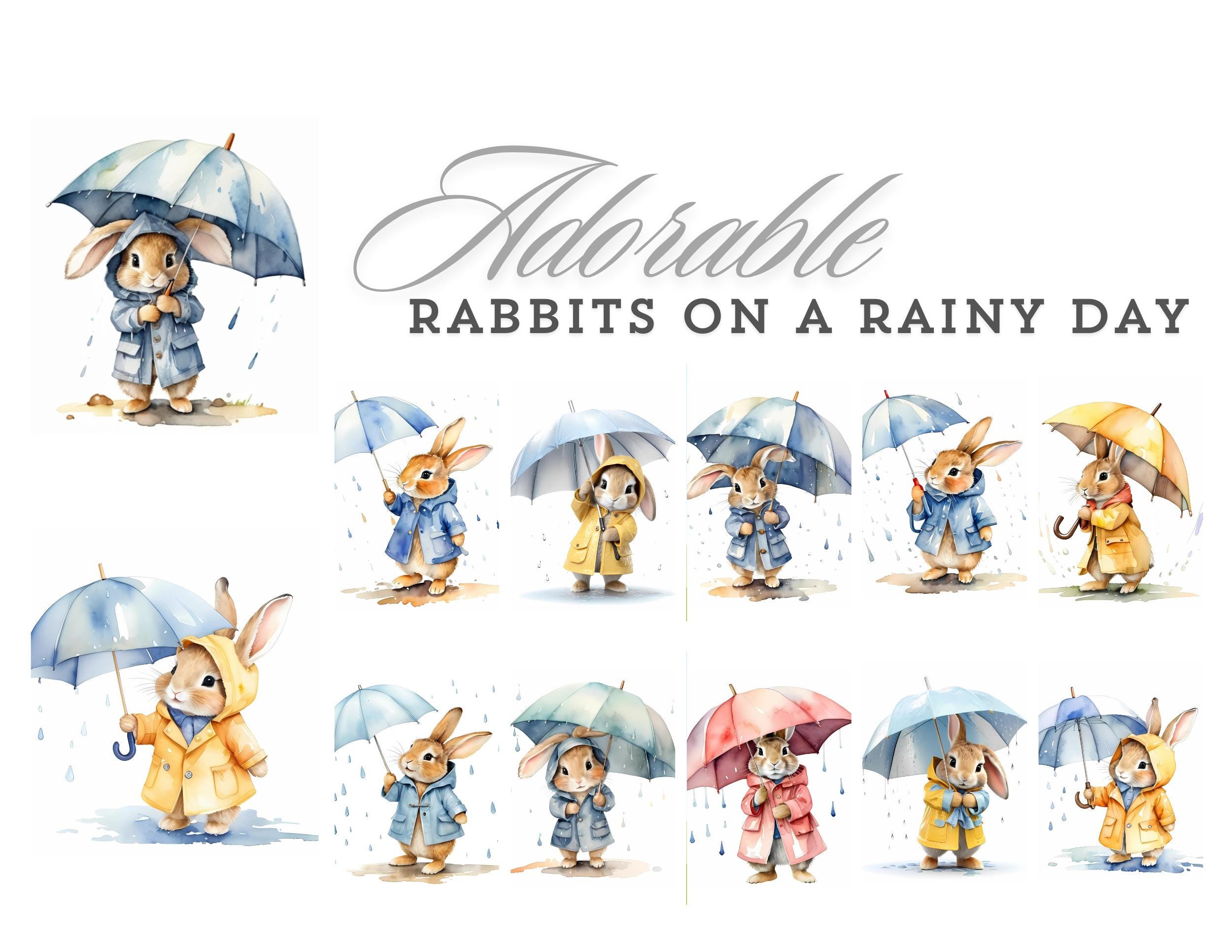 13 Bunny Rainy Clipart, JPG PNG Digital Images, for Journaling ...
