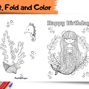 PRINTABLE Happy Birthday Mermaid Coloring Card | Color Your Own DIY ...