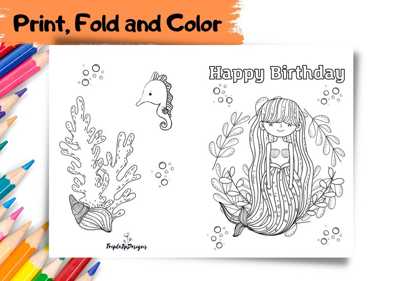 PRINTABLE Happy Birthday Mermaid Coloring Card | Color Your Own DIY ...